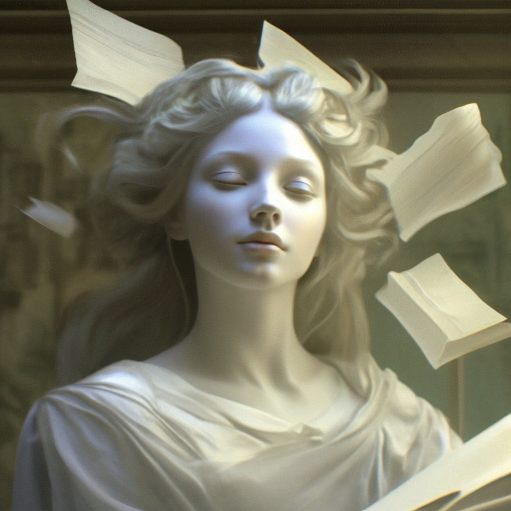 "Translucent face of the muse of poetry, parchment, papyrus, pen, pen ...