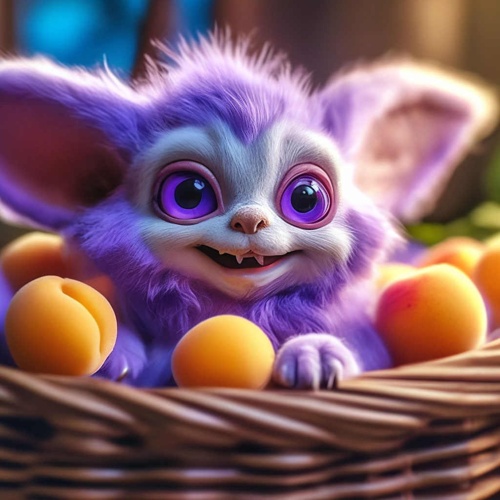 "Very close-up. A small, tiny fluffy gremlin, very cute, smiling big ...