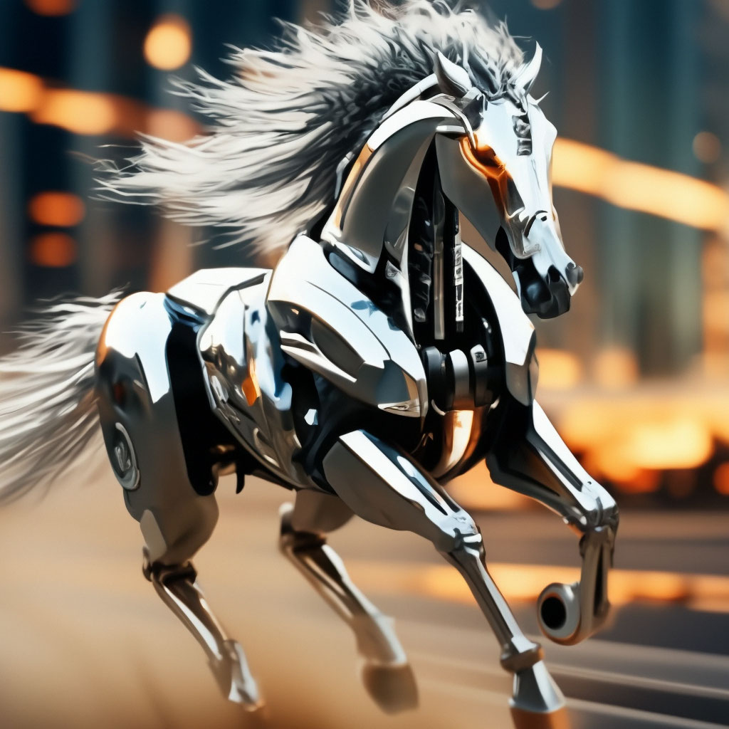 "Metal horse-cyborg of the future, silver sun, metallic rays, white ...