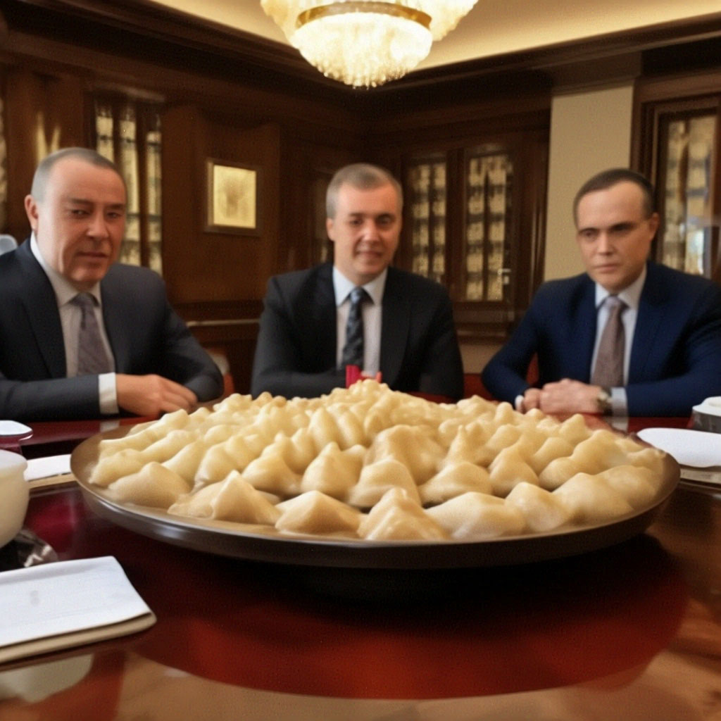 "A large plate of dumplings is on the negotiating table at the embassy ...