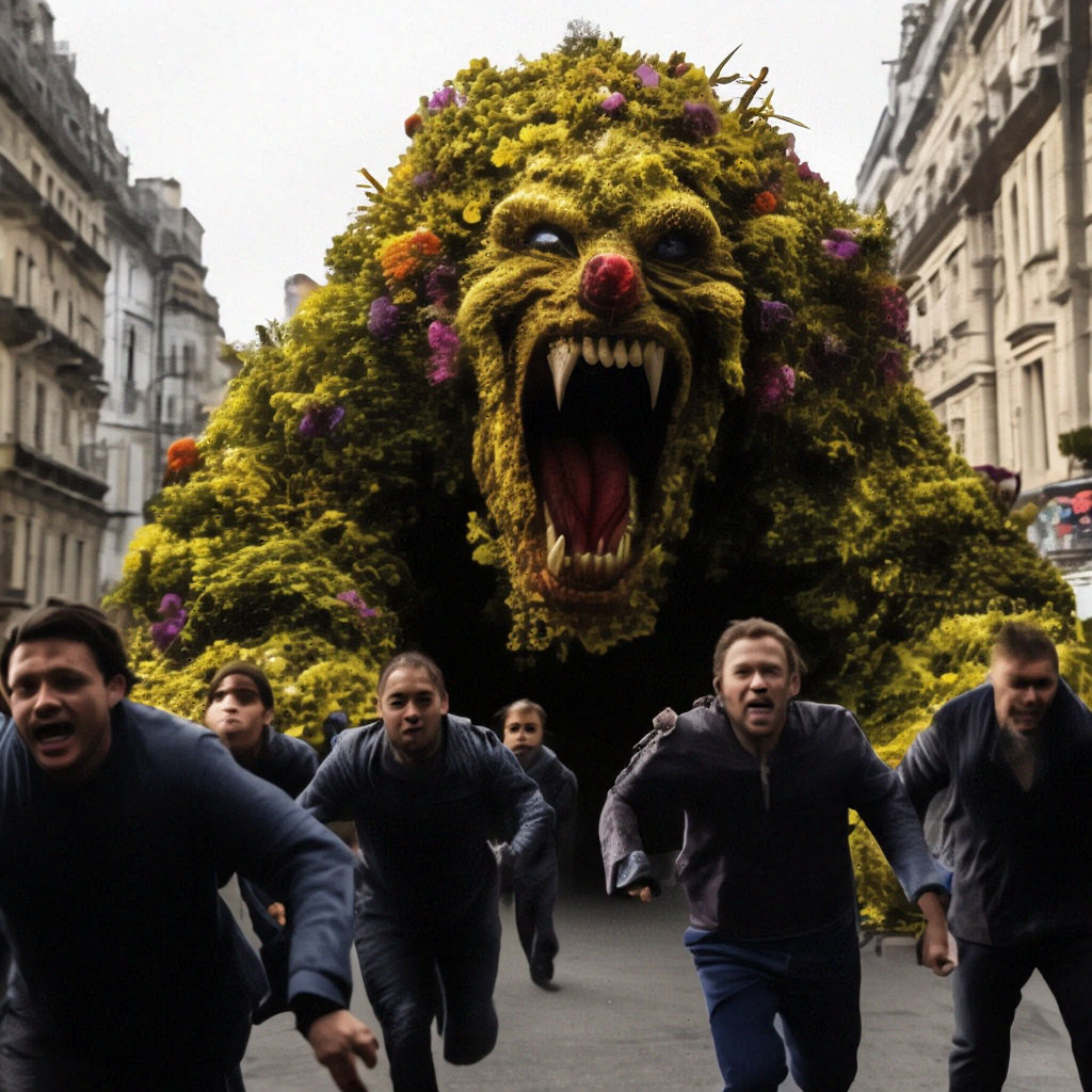 "On the street, men run away in fear …" — image created in Shedevrum