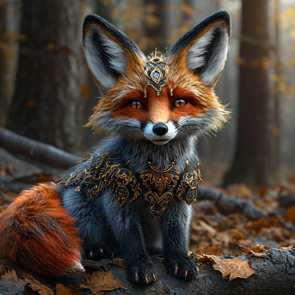 "Unusual mystical pale gray-dark blue fox with red ears and a red tail ...