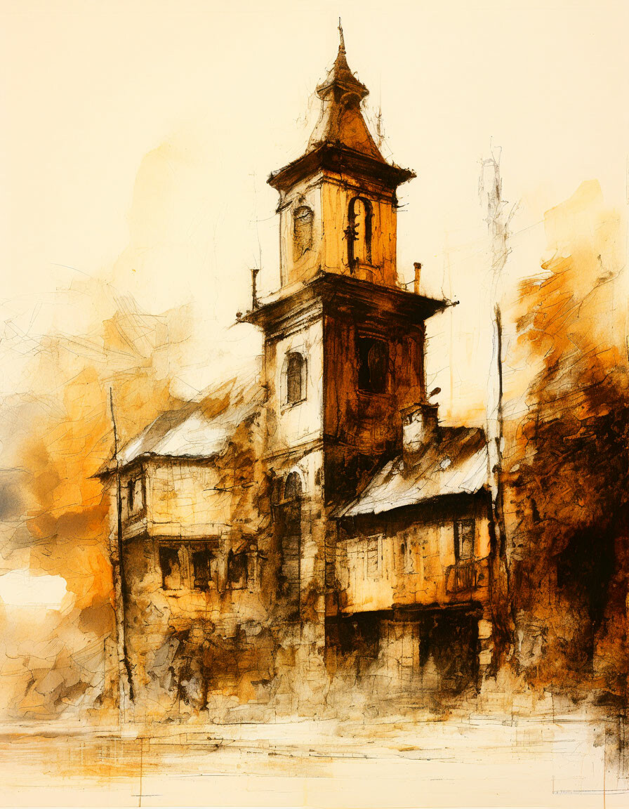 Umber, ochre, gouache whitewash, soot, drawing, line art, impressionism ...