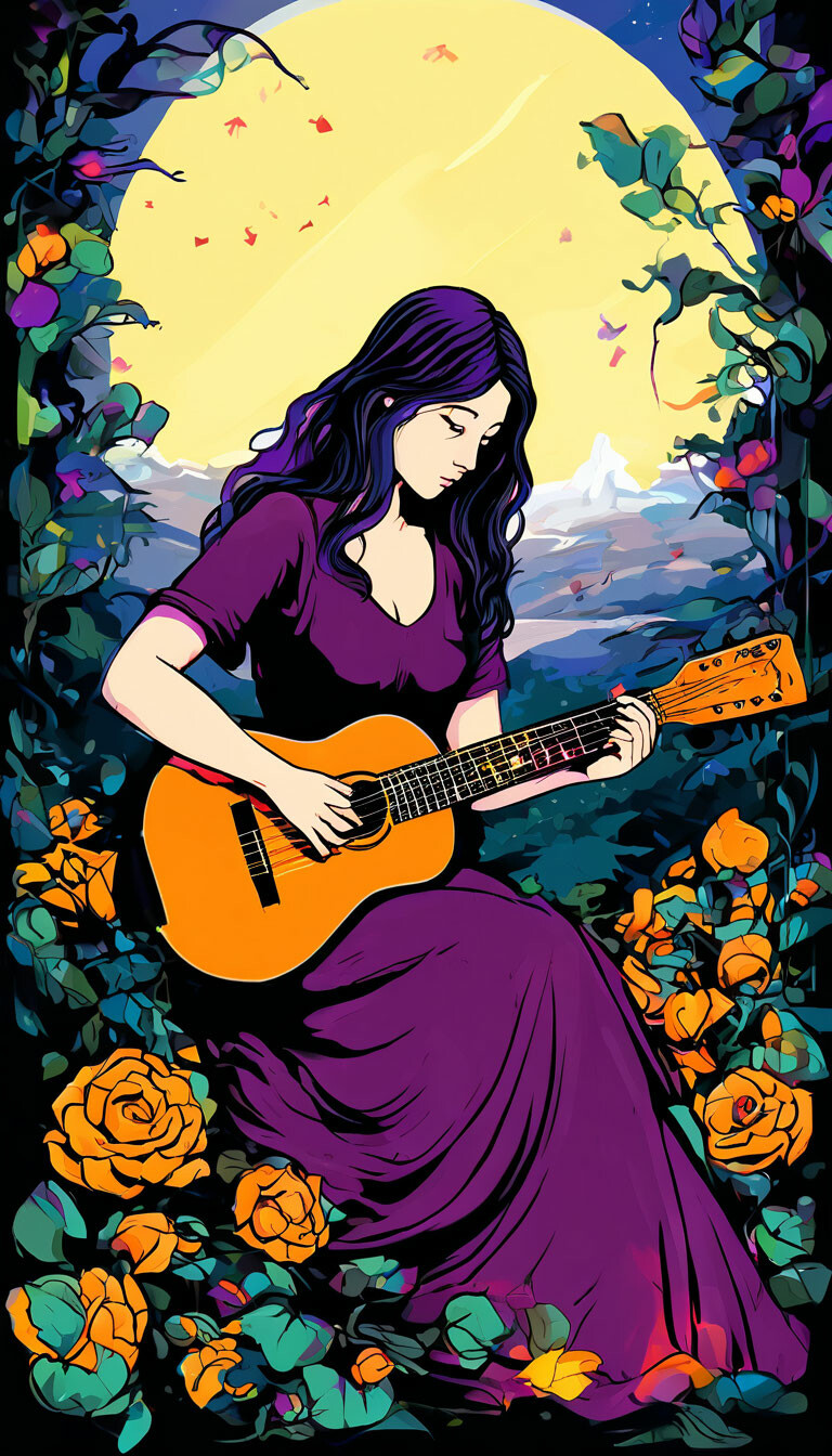 "Fantasy vector illustration Gudim, girl playing mandolin in rose ...
