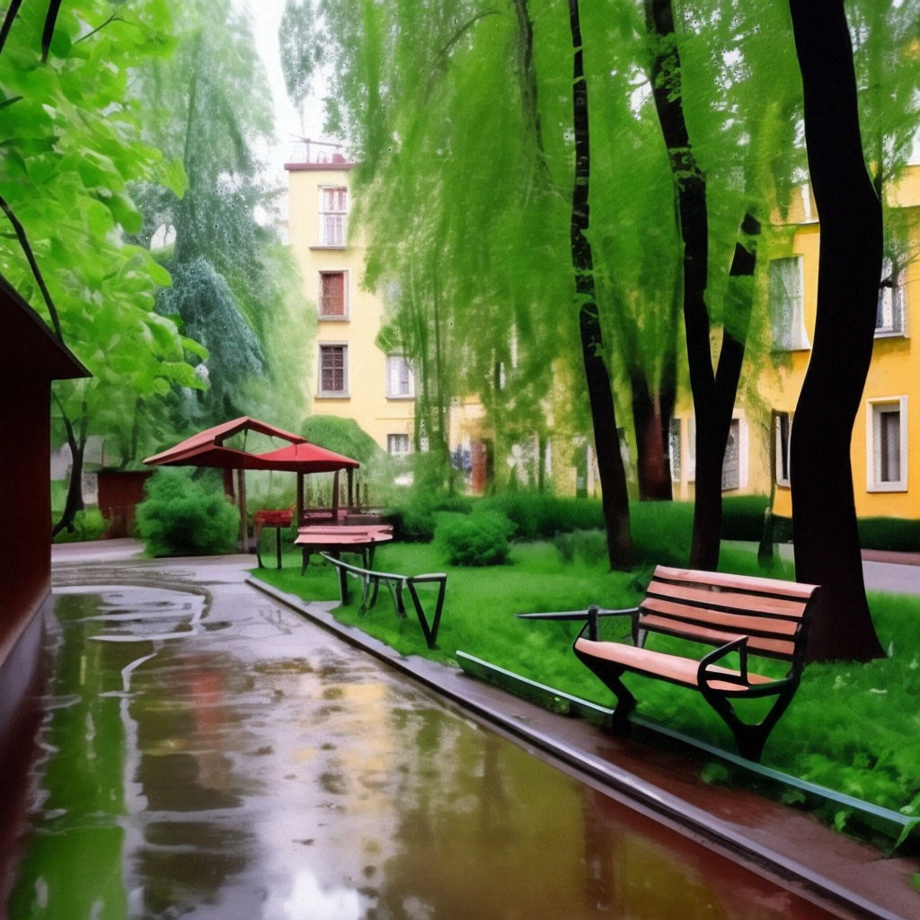 "An old cozy Moscow courtyard, flowers, among flowering trees, cars, a ...