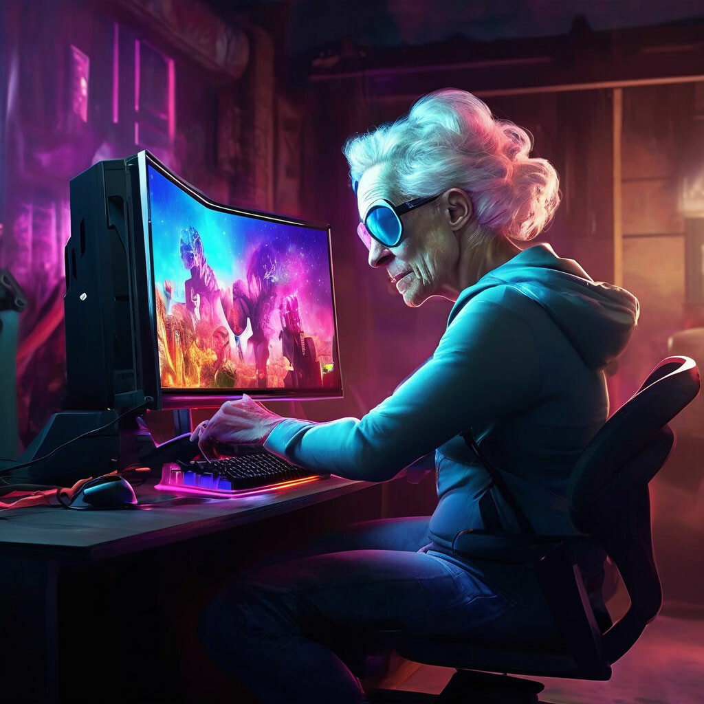 "Pumped-up granny gigachad is playing …" — image created in Shedevrum