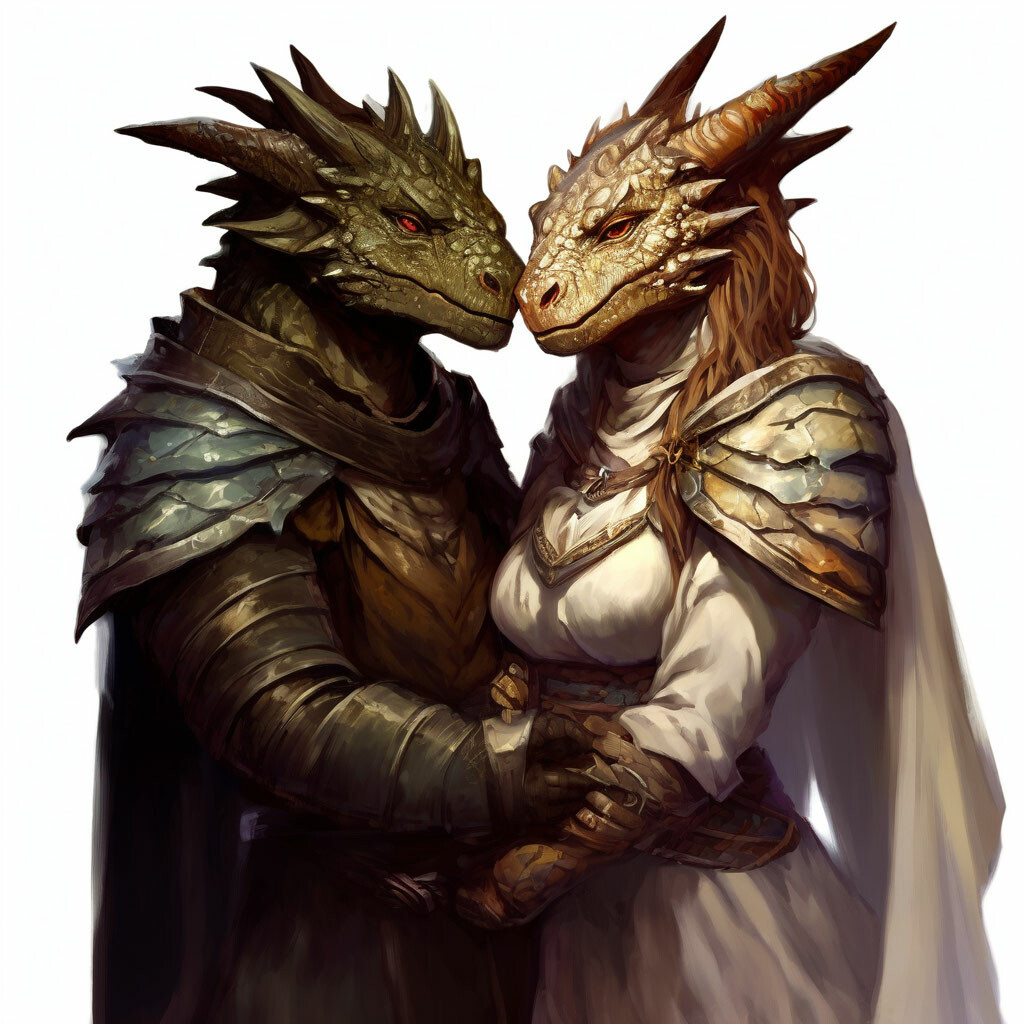 "Married couples dragonborn of different colors" — image created in ...