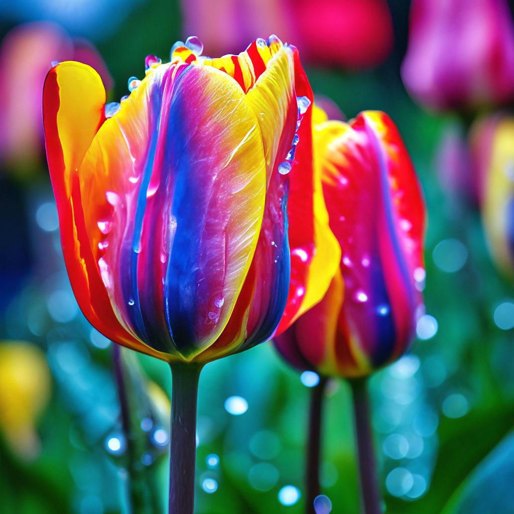 "Tulip flower of rich rainbow color. The wind howled in the trees ...