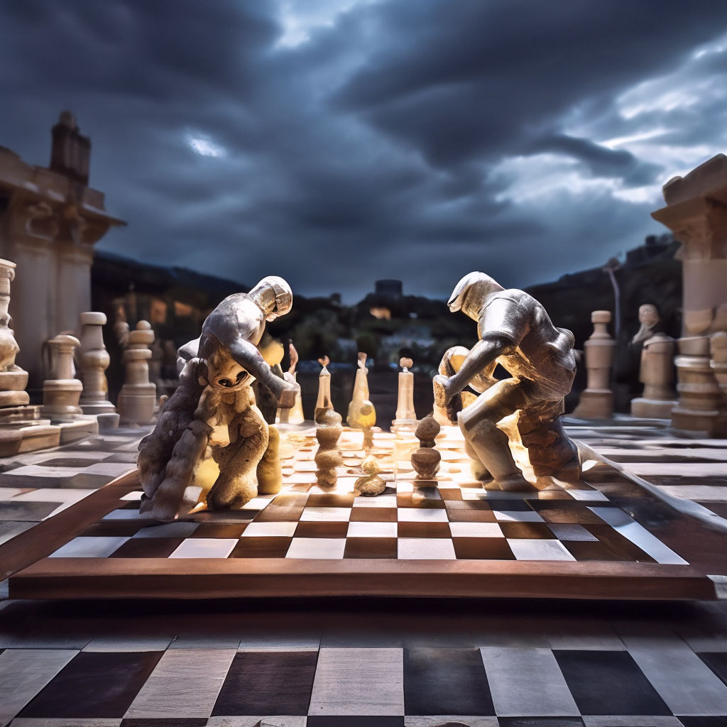 "A large chessboard is a huge battlefield. Two fighters came together ...