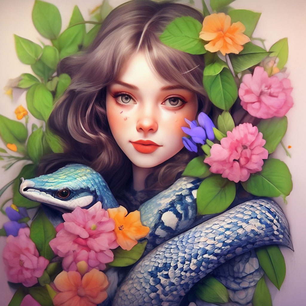 "3d sketch with a fountain pen, python, look at the camera, spring girl ...