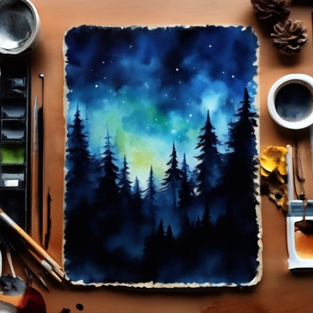 "Sky, wet watercolor, night, stars in the sky, dark dense forest, watercolor, real photo, high ...
