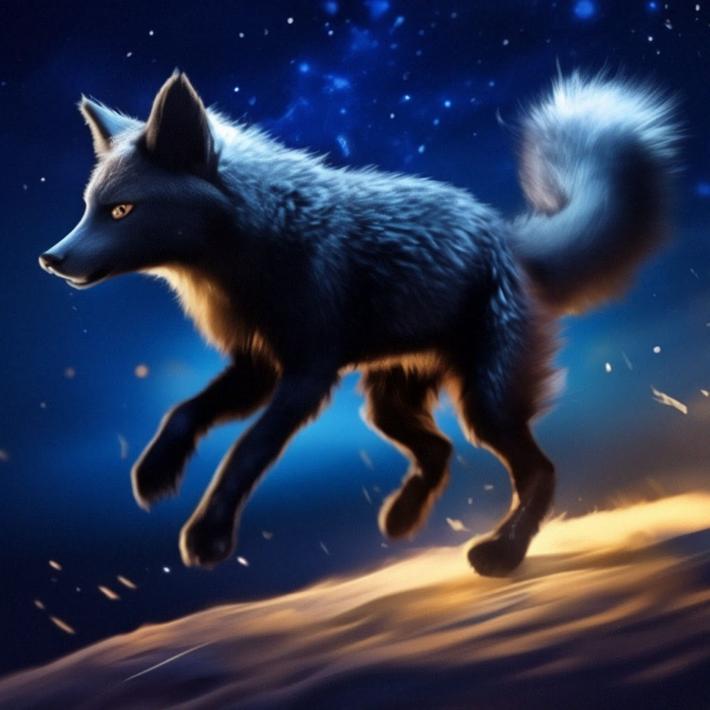 "🦊 A silver fox jumps against the background of a star-studded sky, a ...