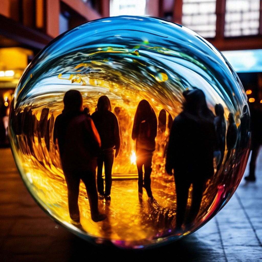 "Close-up:people, water droplets, people inside huge regular water ...