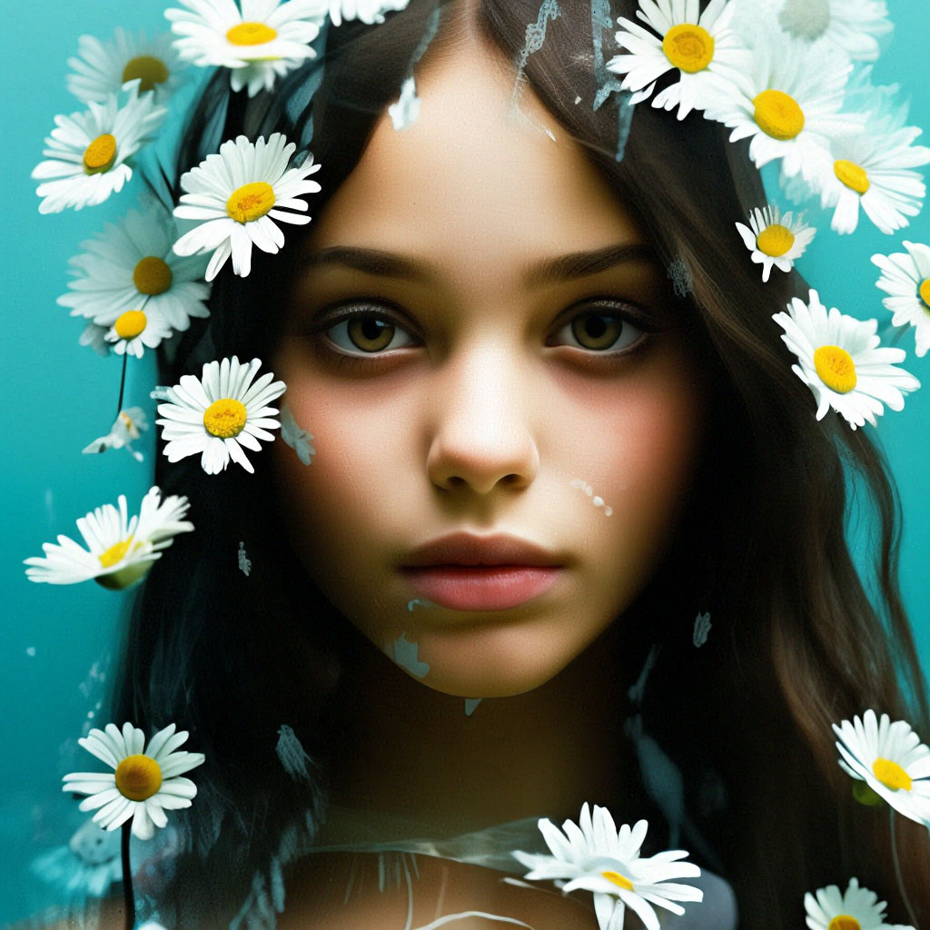 "Double exposure [Girl] and [white daisies ],turquoise" — image created in Shedevrum