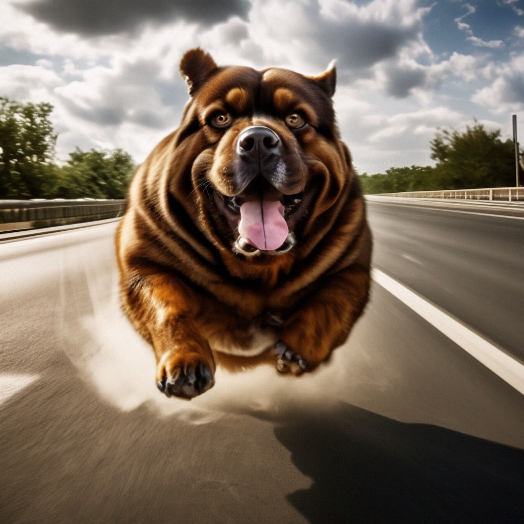 "A fat dog is rushing along the highway" — image created in Shedevrum