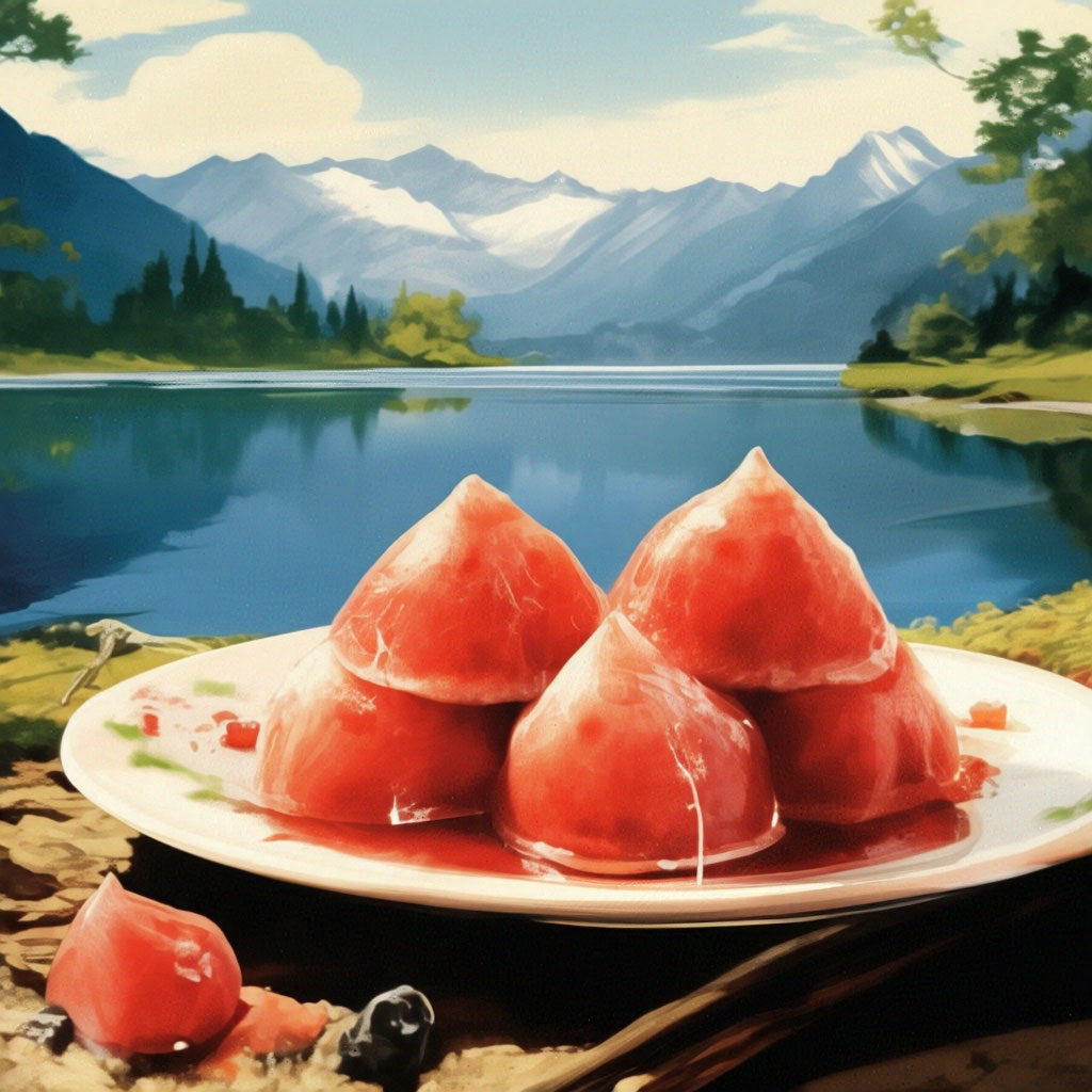 "Watermelon dumplings, against the backdrop of picturesque nature, are ...
