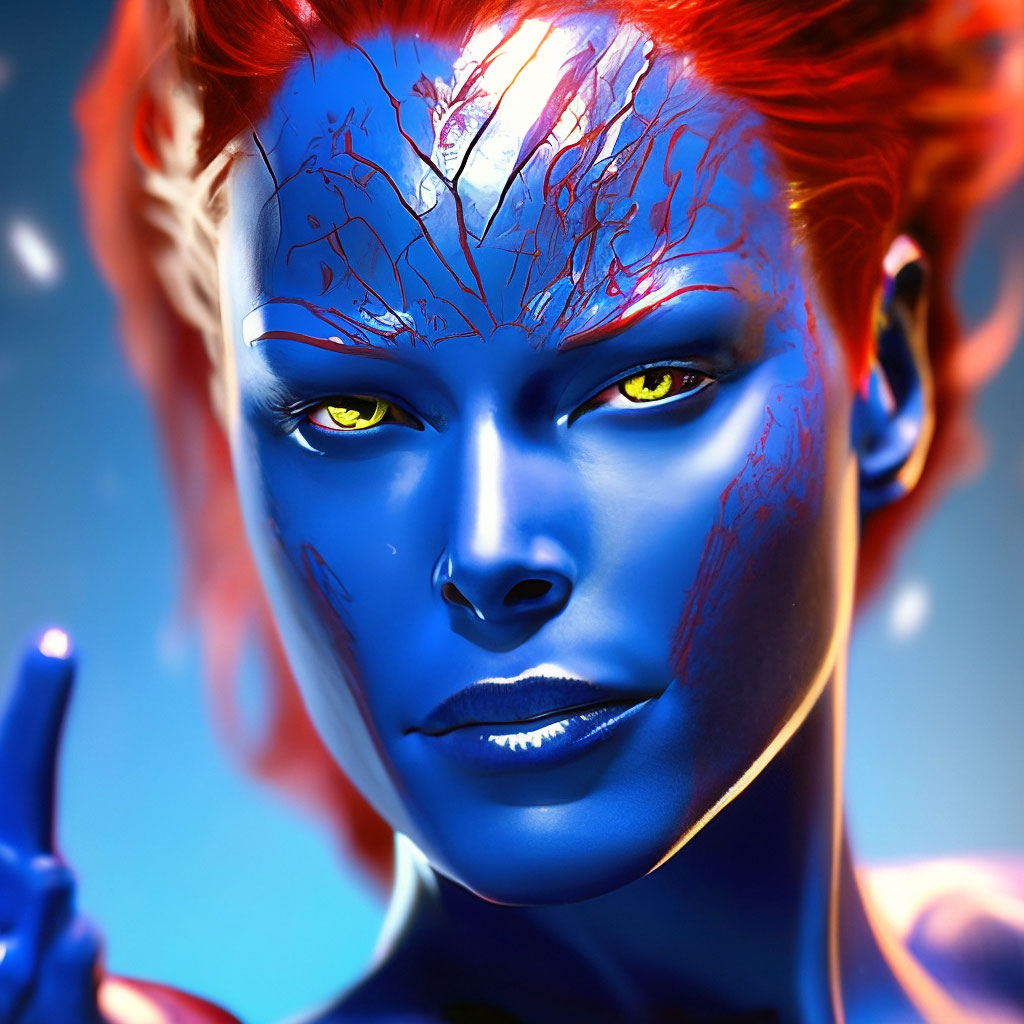 "Rebecca Romijn as Mystique, blue skin texture, red hair, xmen,pin-up ...