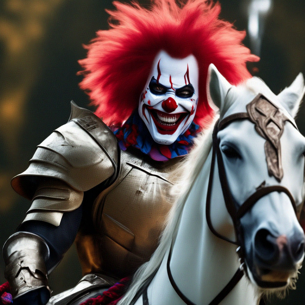 "Crazy clown knight on horseback, beautiful, bright lighting, anime ...