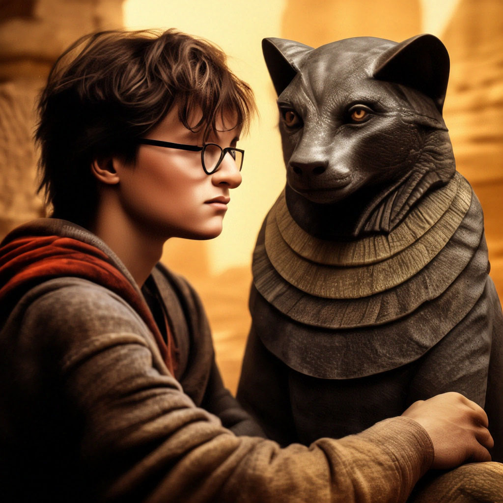 "Harry Potter in ancient Egypt listens to a riddle from the Sphinx ...