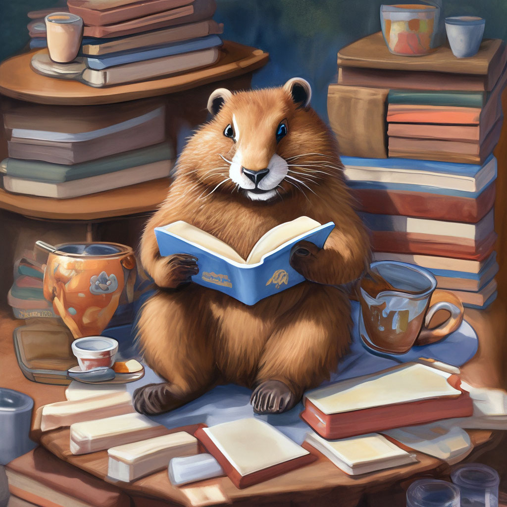 "Beaver with a cup of coffee reading a book surrounded by a pile of ...