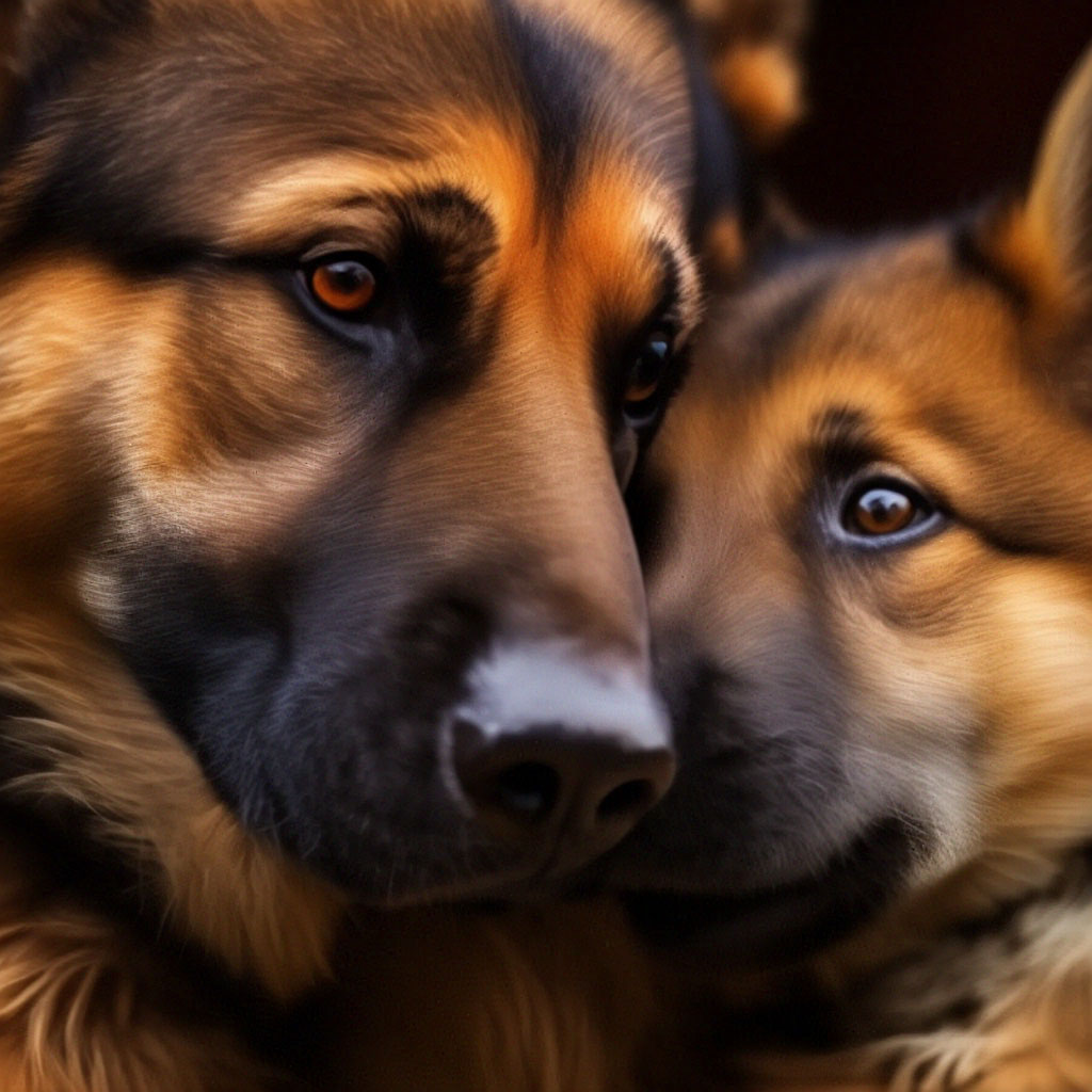 "A big German Shepherd leans his nose against the nose of his little ...