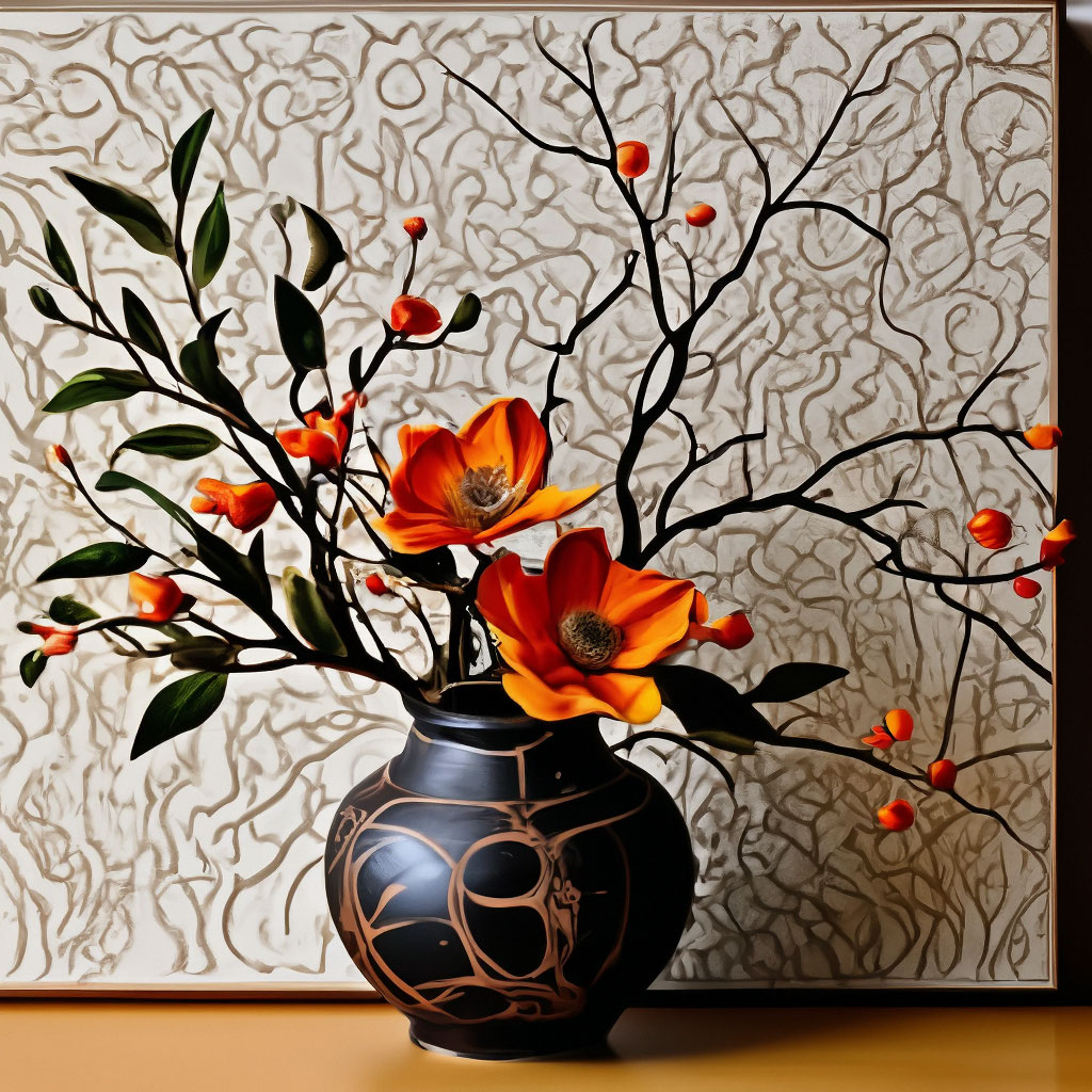 "Linocut technique sgraffito and kinusaiga style juika ikebana" — image ...