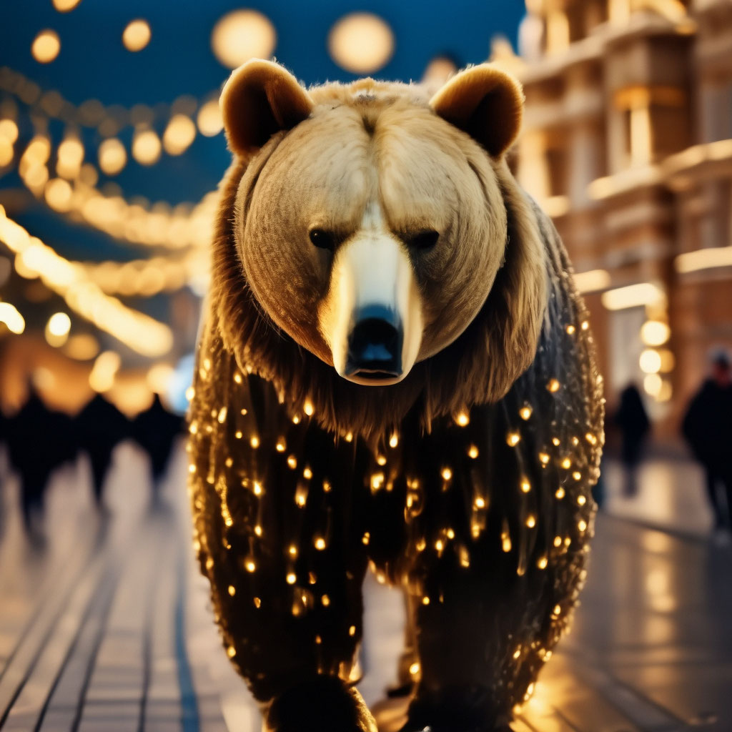 "New Year's fantasy.The city of Moscow is walking along Red Square bear . fairy tale. A ...