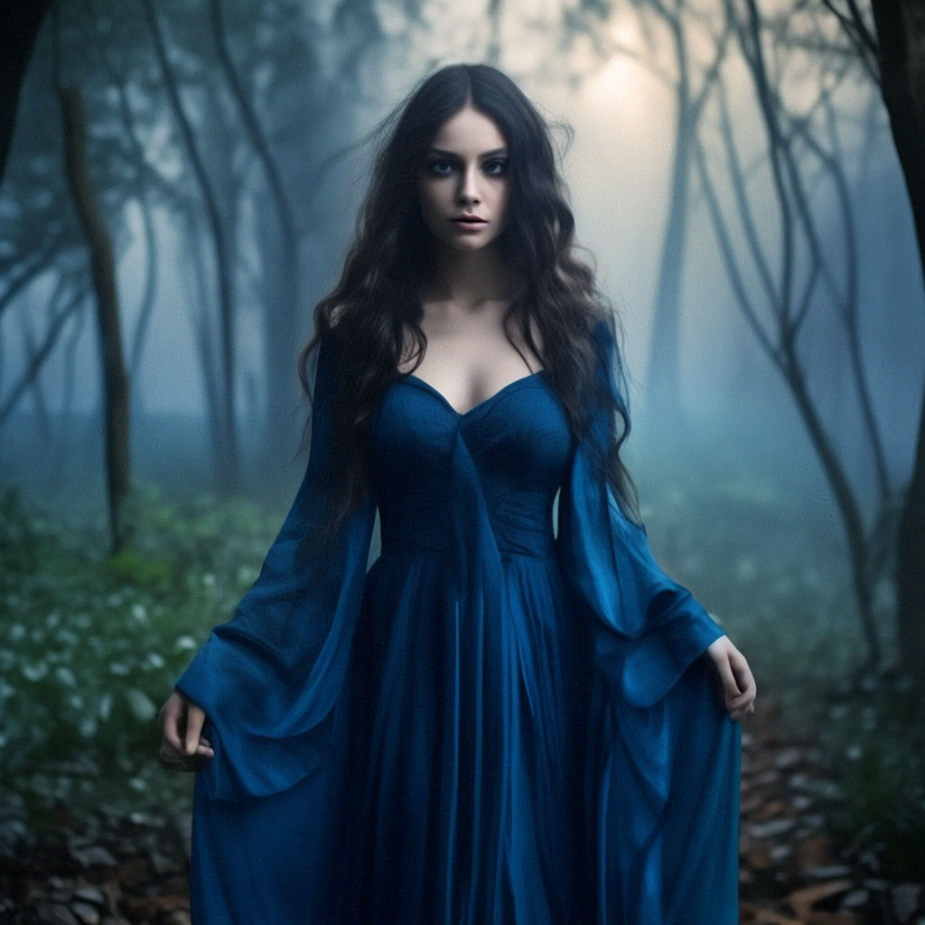 "A beautiful Goth girl in a blue dress with a shawl makes her way ...