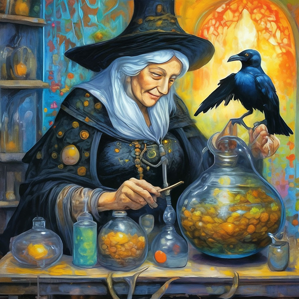"An old witch is making a potion in her hut, a black raven is sitting ...
