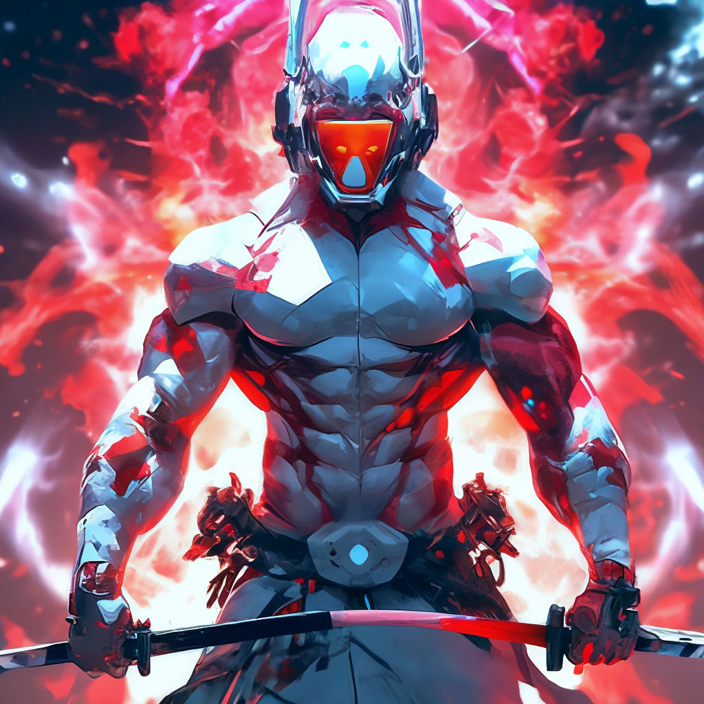 "A biological bodybuilder mutant human with white and red skin, wearing ...