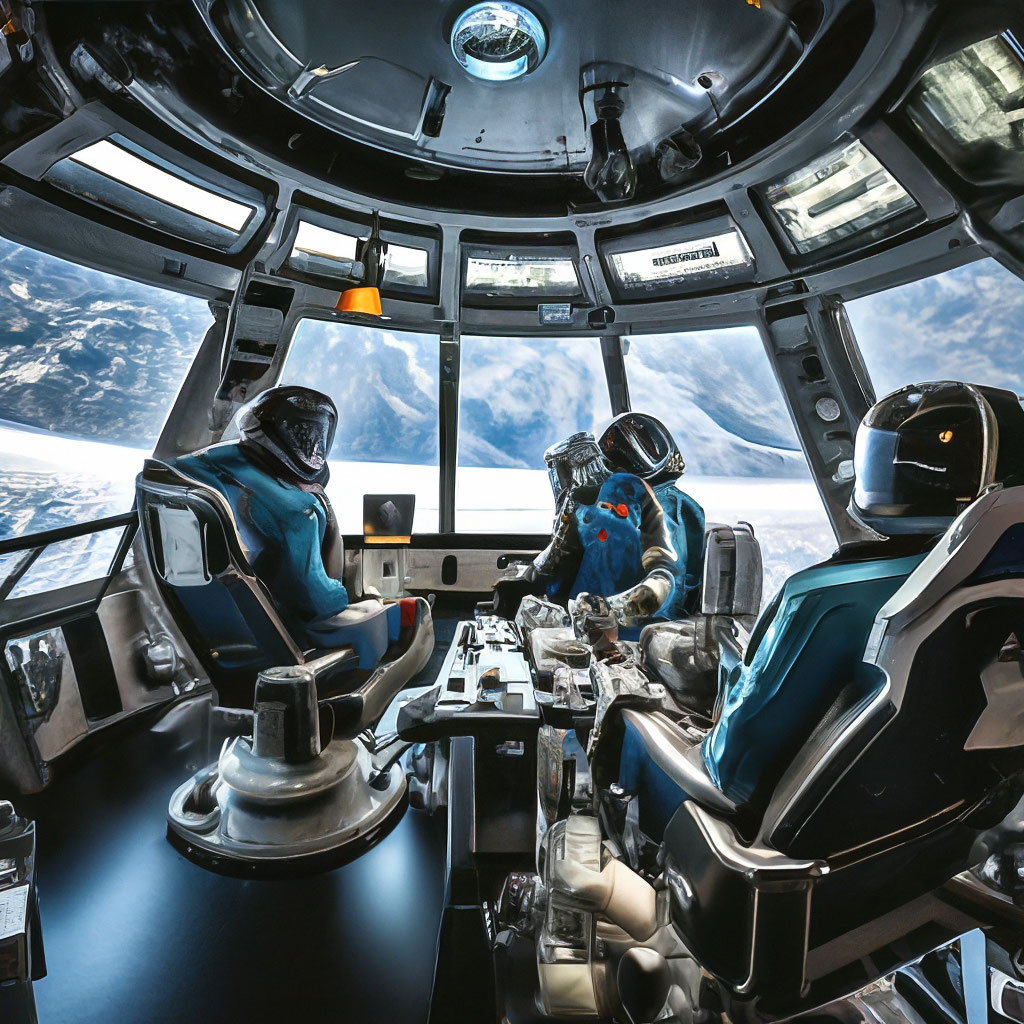 "Spacecraft cabin, pilots sitting in chairs , dashboard , view from the ...