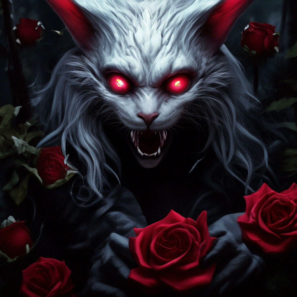 "In the rose bush,anthropomorphic hybrid cat+succubus+undead+witch,huge ...