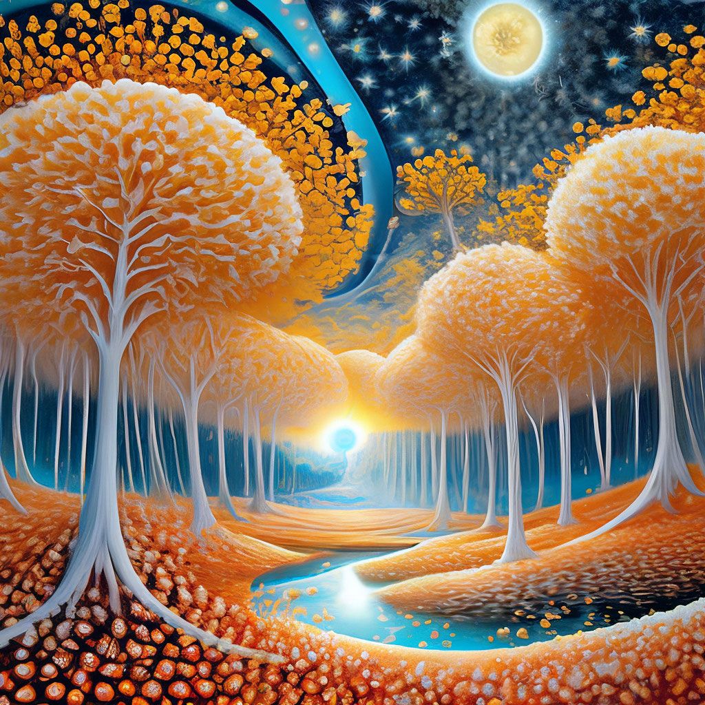"Mystical white golden landscape,hybrid of trees and dandelions,coral ...