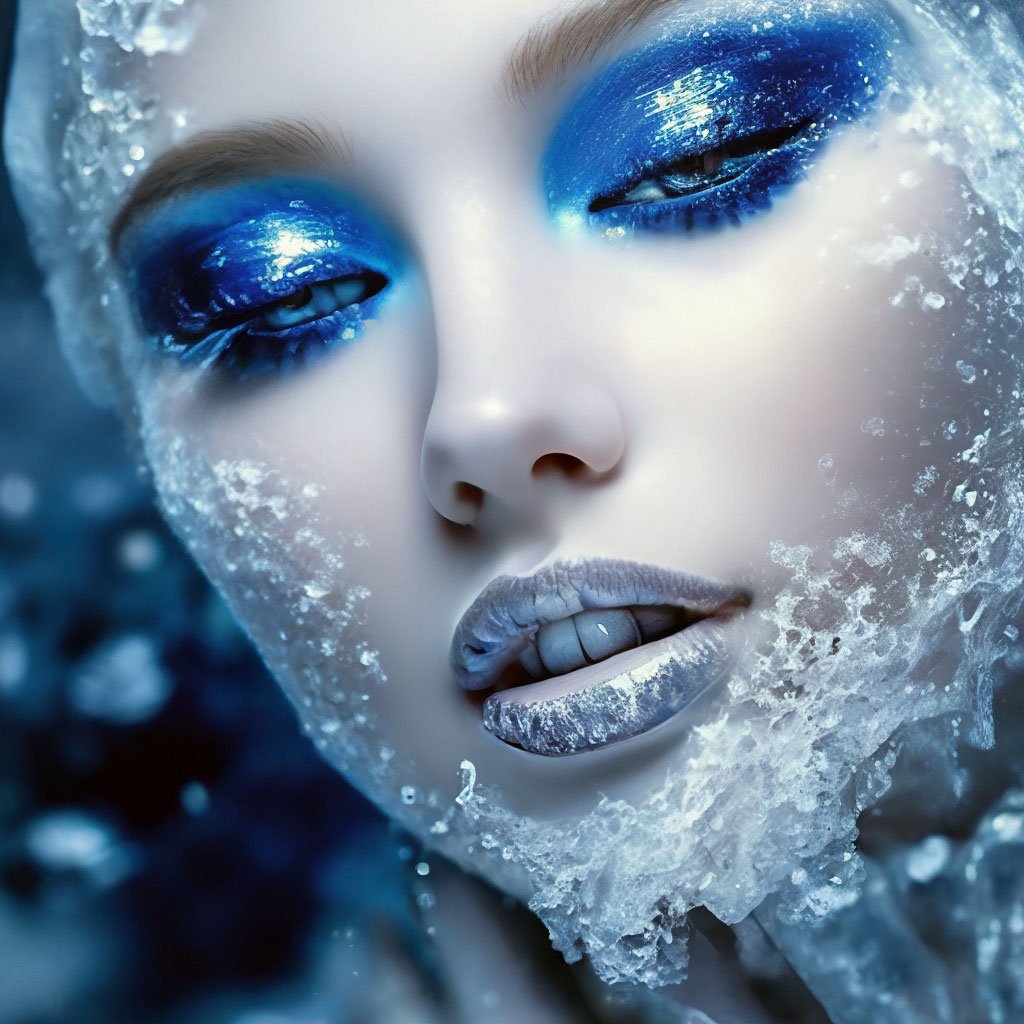 "Fragile girl made entirely of ice, blue makeup, sophisticated jewelry ...