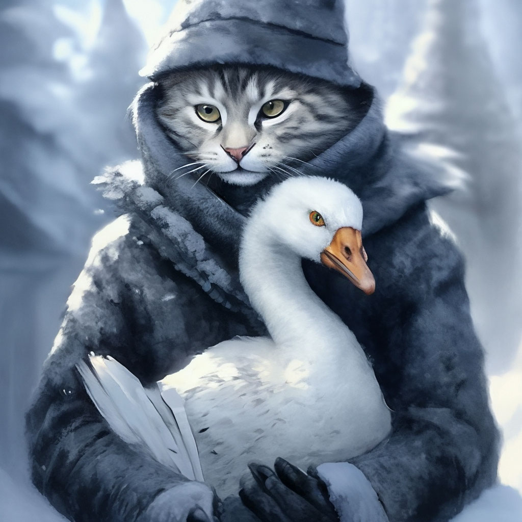 "English watercolor, winter cold snow a belligerent cat hugs his friend ...