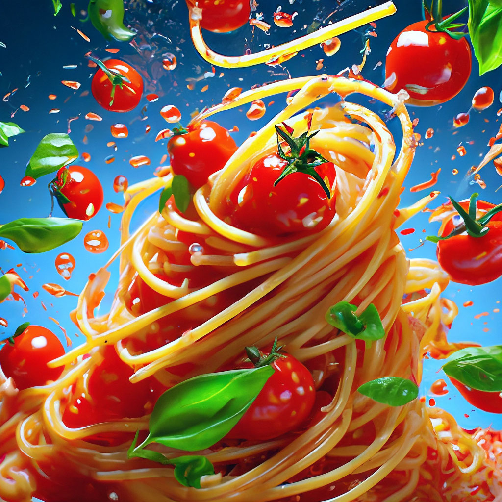 "Tornado; flying spaghetti, basil leaves, tomatoes, red drops, oil ...