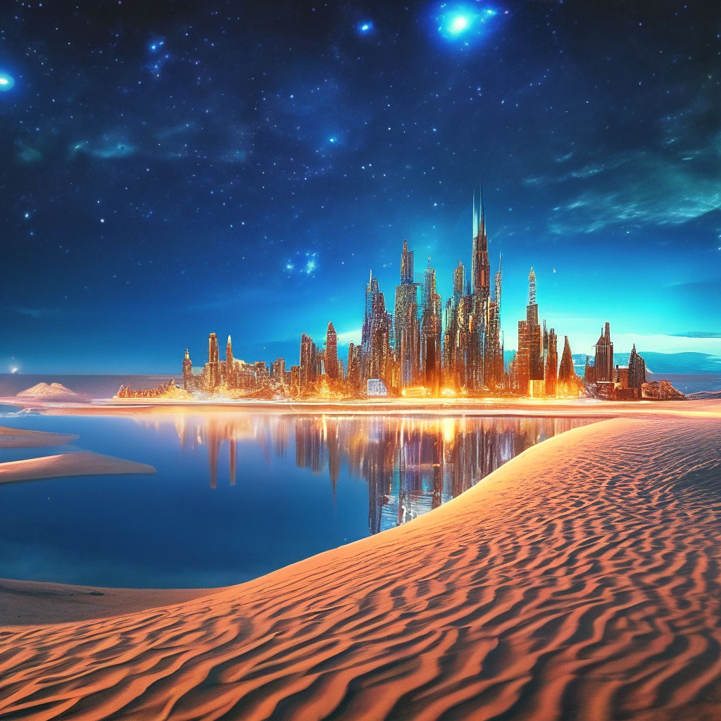 "Realistic photo of a city in the desert, in the ocean, at the junction ...