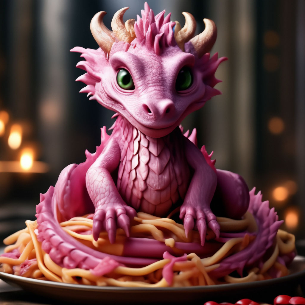 "Cute pink dragon sits on Pasta fabulously, high detail" — image ...