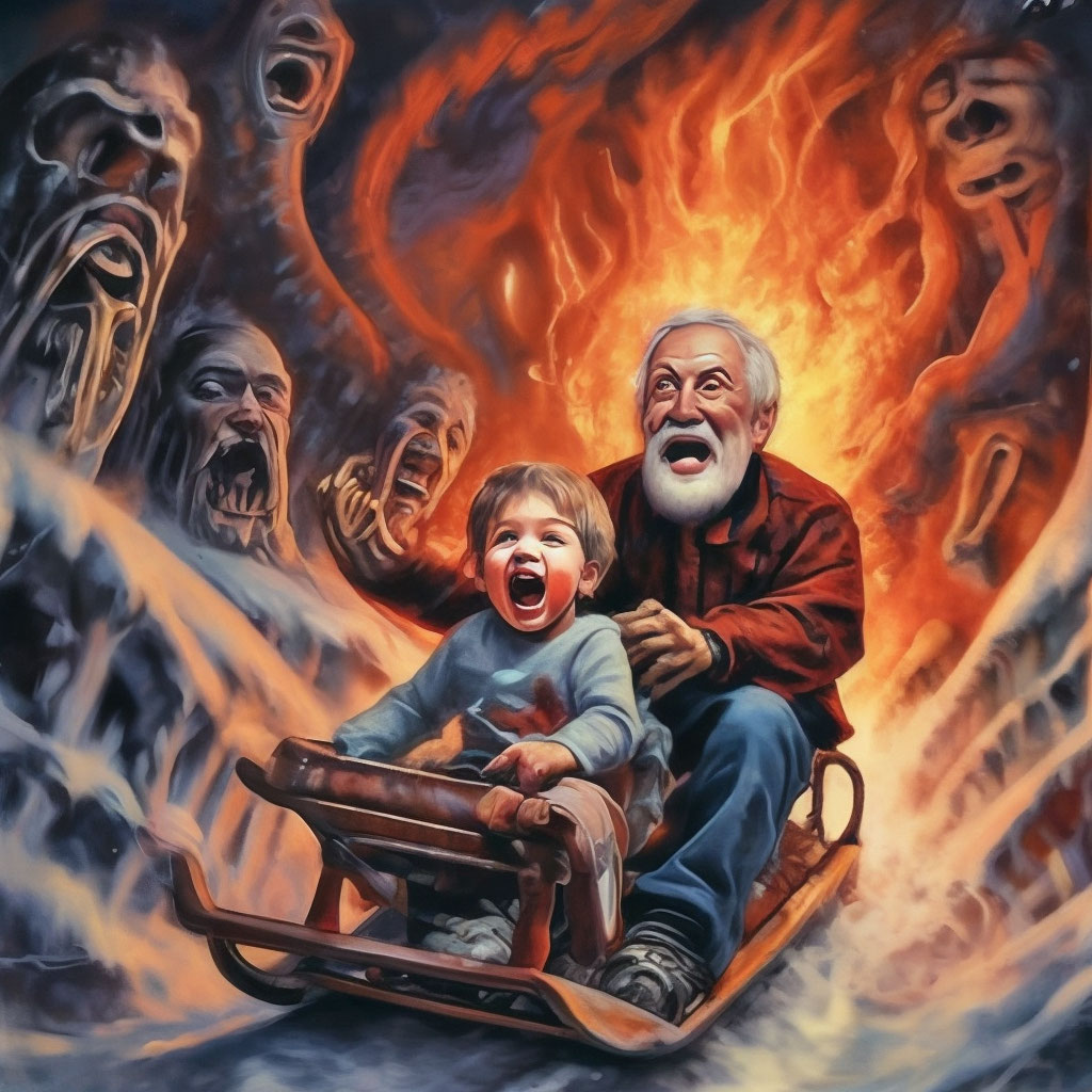 "Grandfather takes grandson on a sledge to hell horror, screams, wild ...