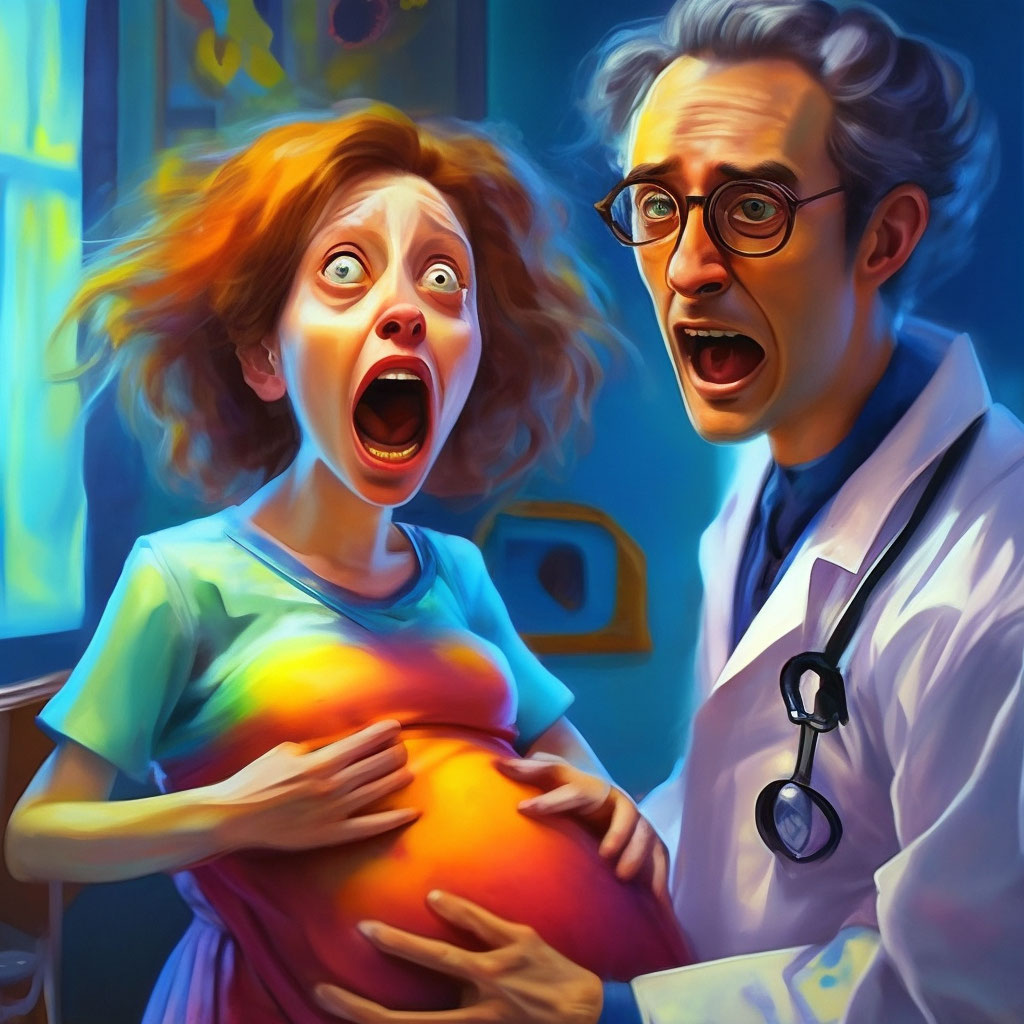"Doctor, help me! I'm giving birth. the woman is scared, her eyes are bulging…" — image created ...