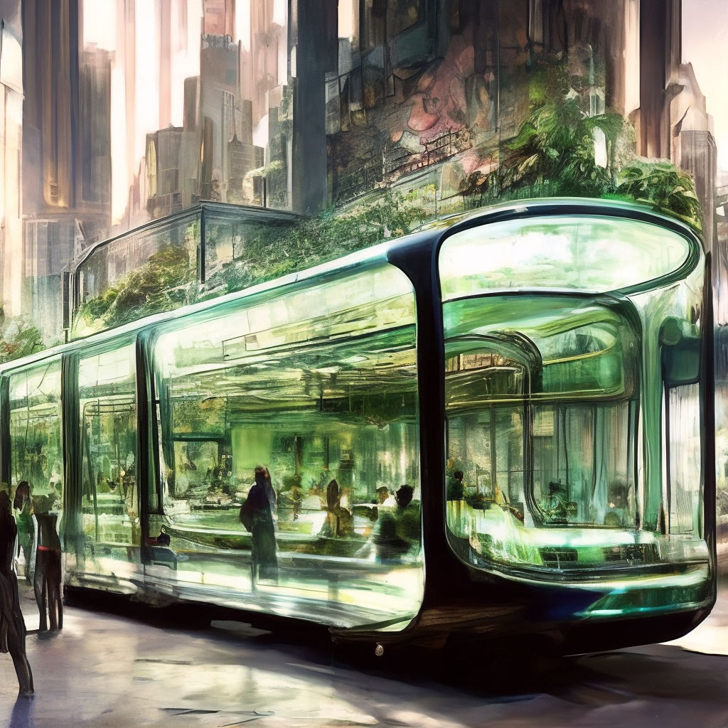 "A glass bus takes people around the city collage, ink, ink, volume ...