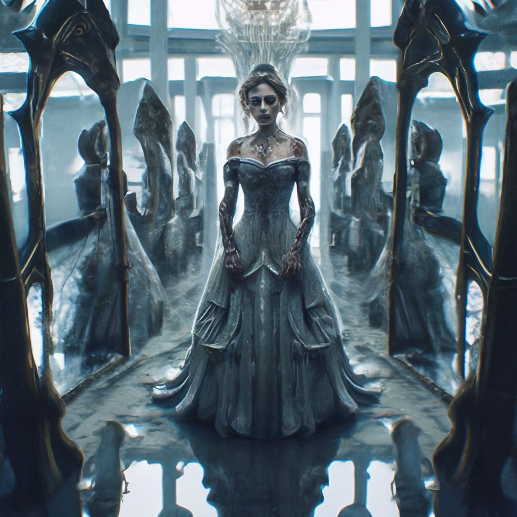 "Multiple reflection of the creepy bride in crooked mirrors, surrealism ...
