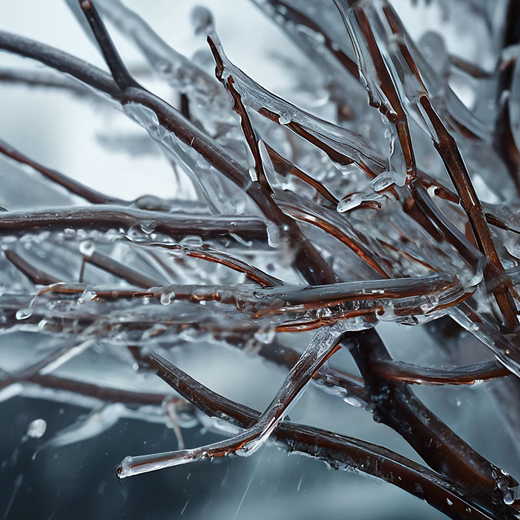 "A tree in the icy rain. branches, magnified, crystal, drawing, double ...