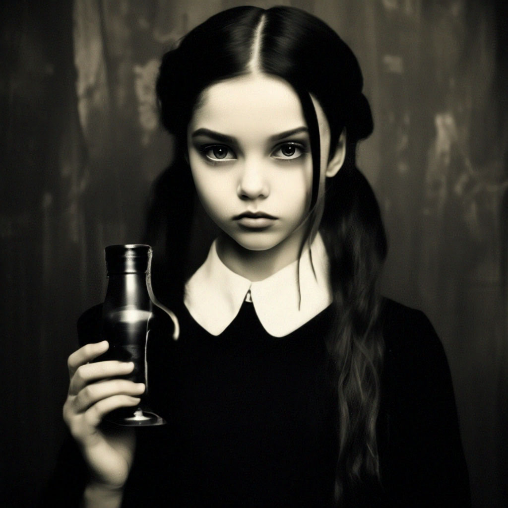 "Wednesday Addams with two pigtails looks slyly at Amera, holds a ...