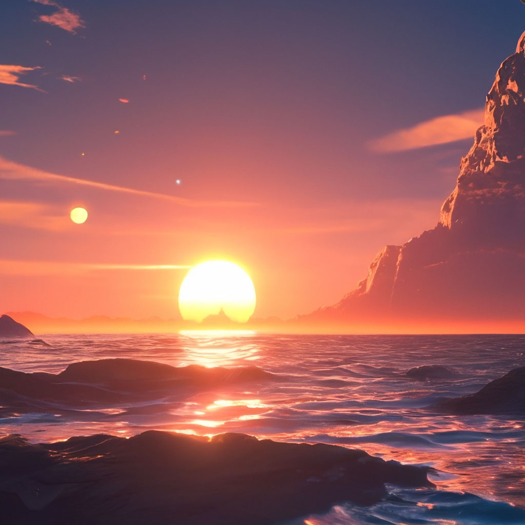 "A beautiful sunset on another ocean planet" — image created in Shedevrum