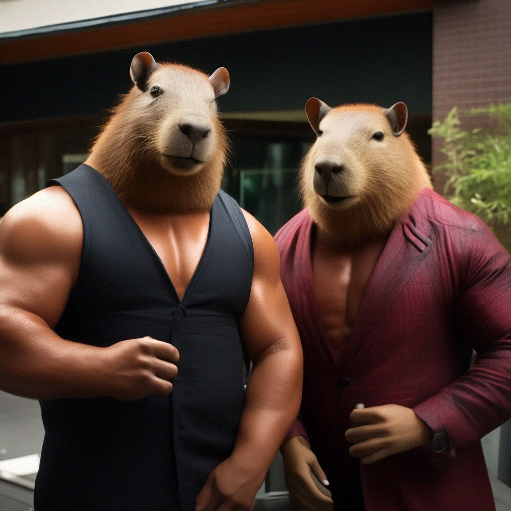 "Beefy people with capybara heads" — image created in Shedevrum