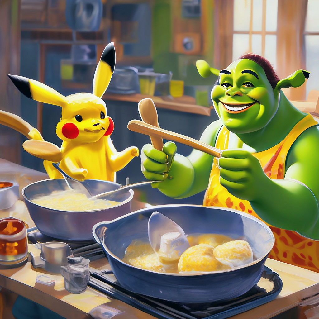 "Pikachu and shrek cook dumplings" — image created in Shedevrum