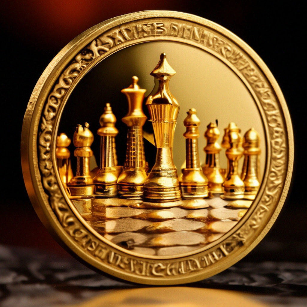 "A coin with the image of chess in gold" — image created in Shedevrum