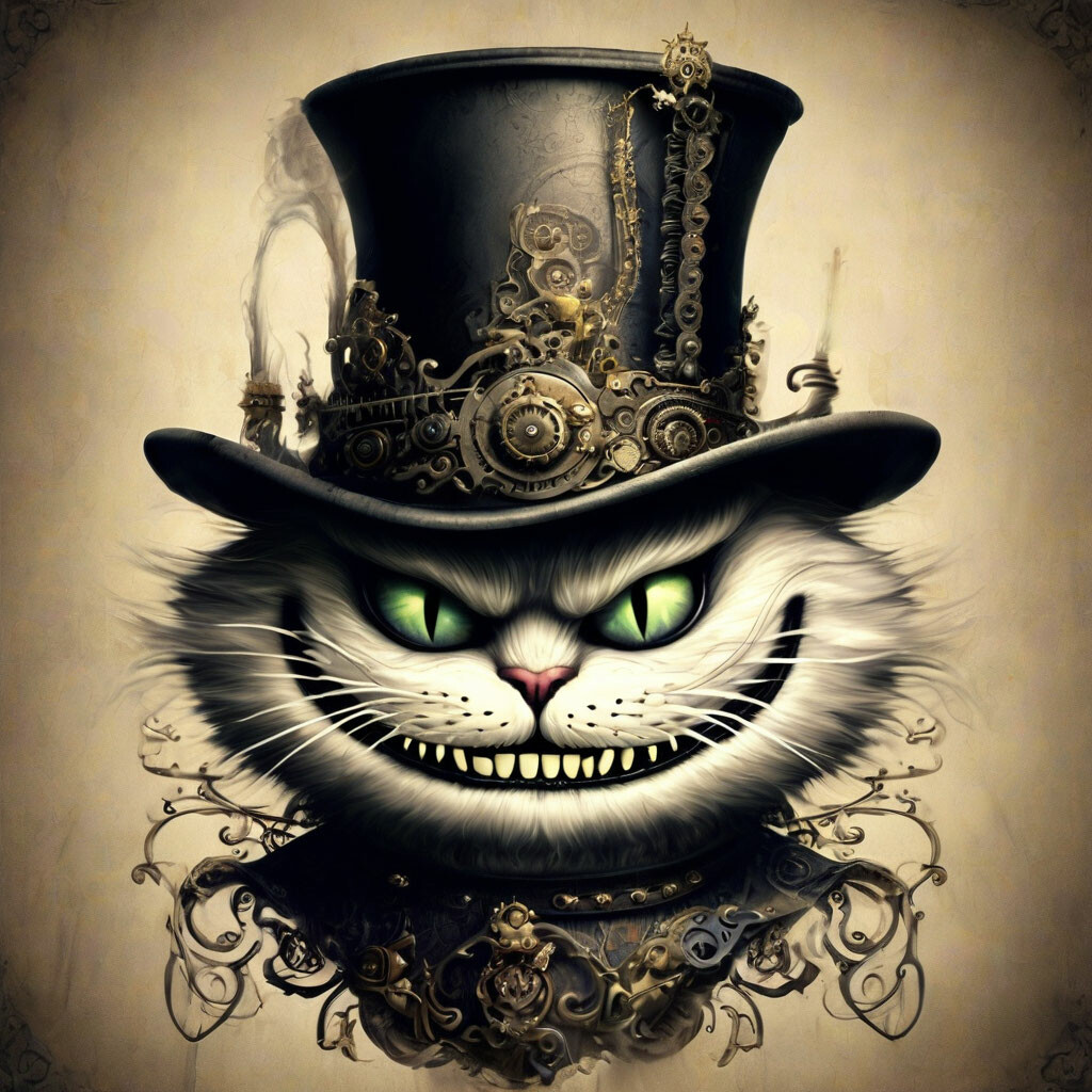 "Cheshire cat in a hat and with a monocle, steampunk, detailing ...