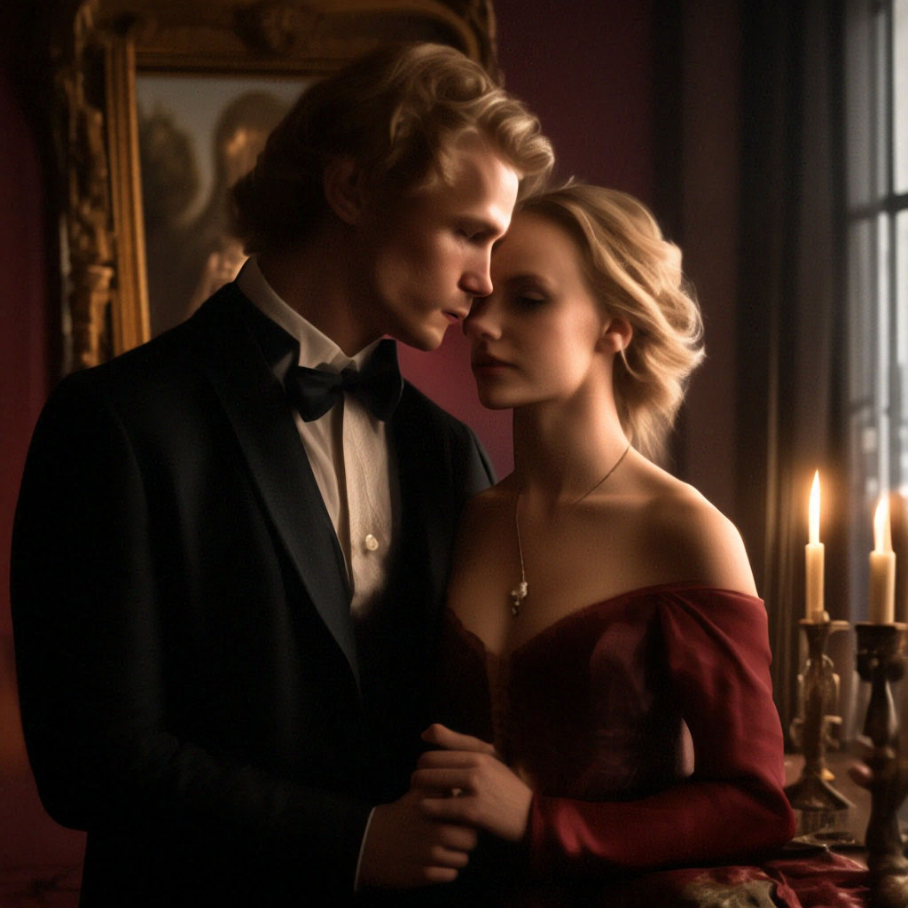 "Klaus and Caroline are painted in a painting looking at each other ...